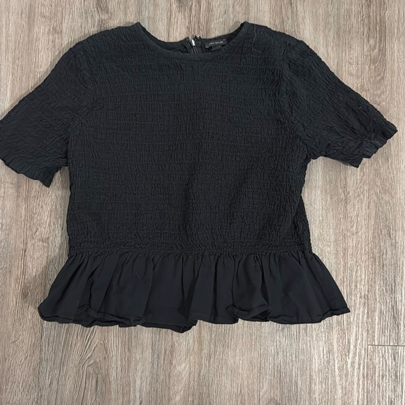 Tops | Black Smocked Peplum Top With Zip Back | Poshmark